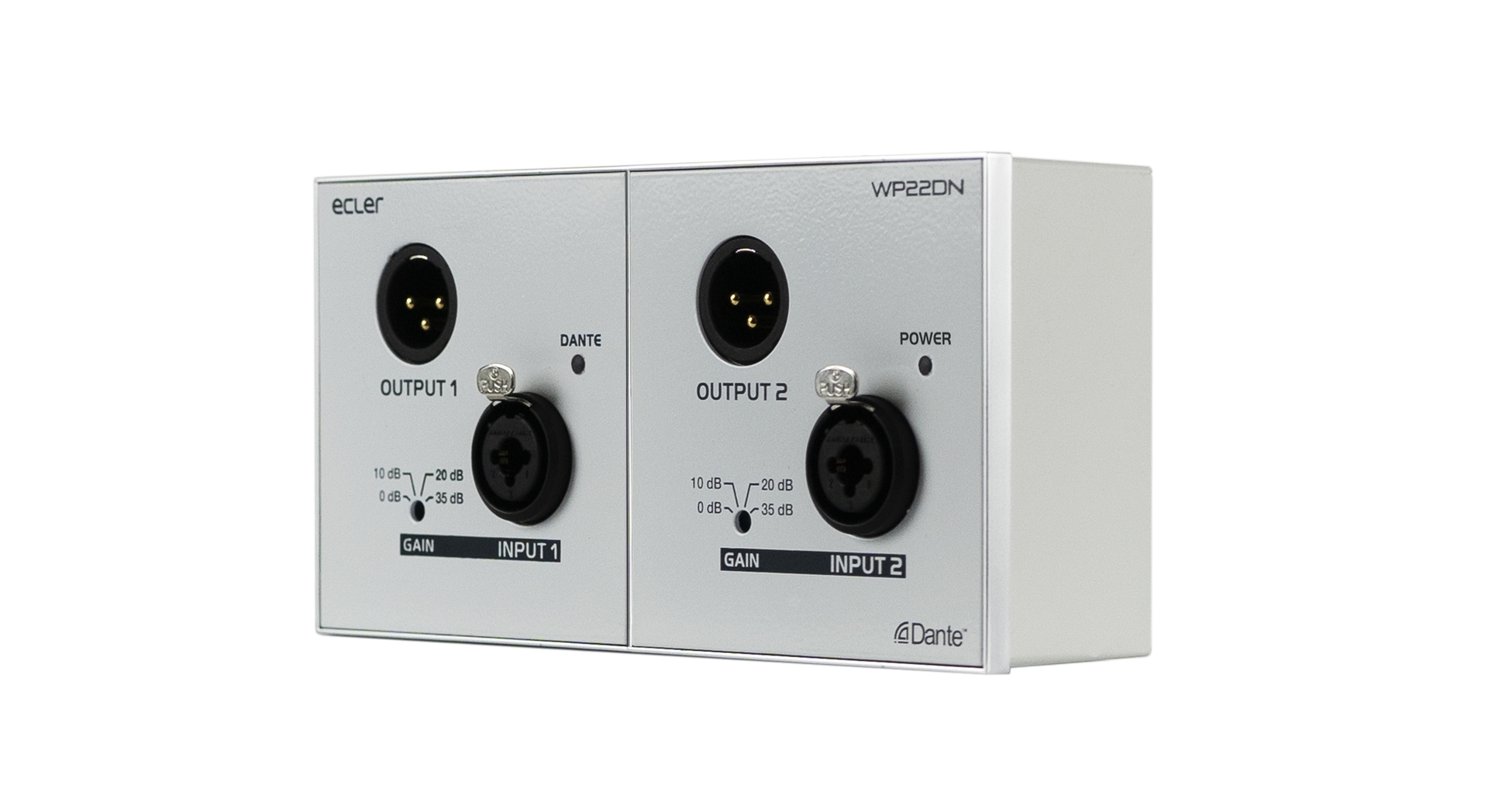 WP22DN: 2x2 | Dante™ | AES67 | PoE | doble cajetín. Controles Y Paneles Digitales.